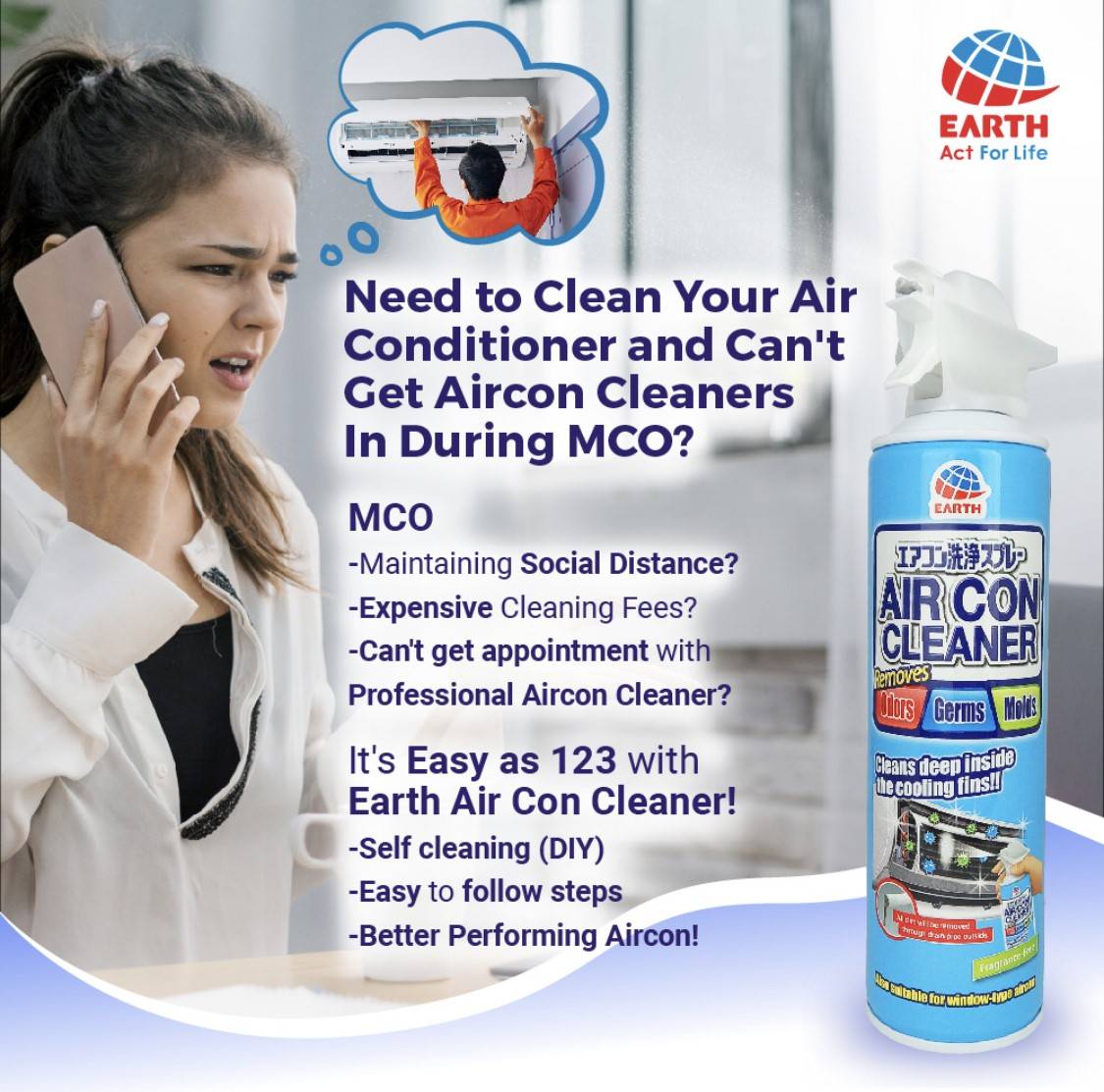 Earth Air Con Cleaner (Fragrance Free) 420ml [1010]