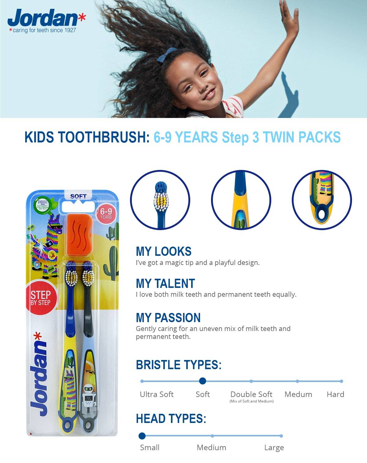 Jordan Kids Step 3 (Age 6-9) Twin Pack Toothbrush [8462]