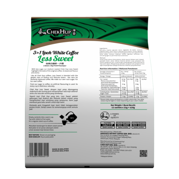 Chek Hup 3in1 Ipoh White Coffee – Less Sweet 12'sx35g [6015]